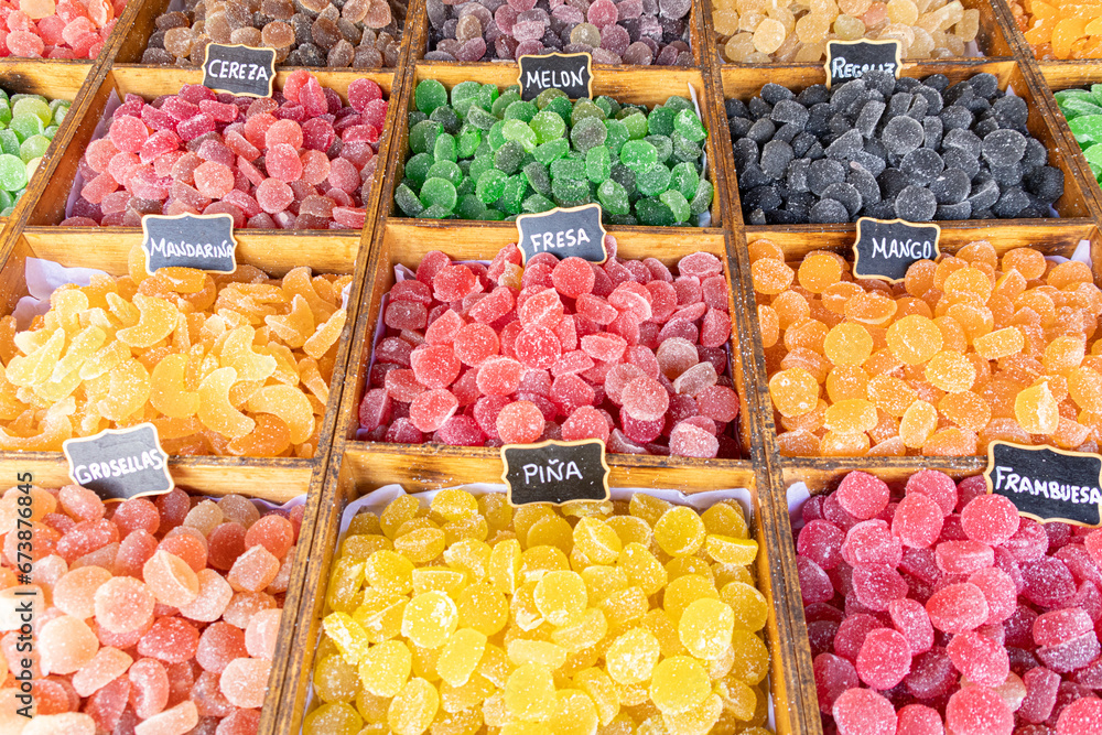 Colorful assortment of sugar homemade candies with different fruit ...