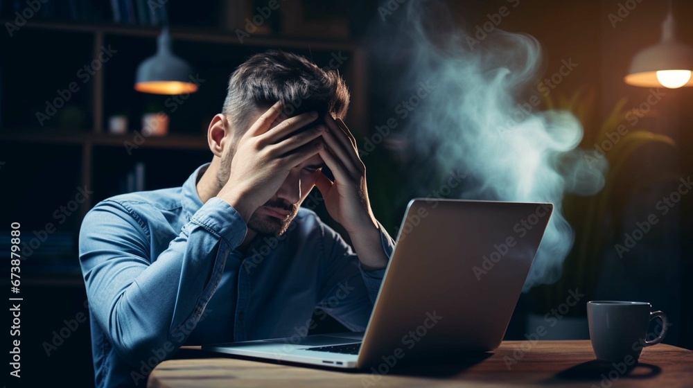 headache and business man at a laptop with stress, mental health ...