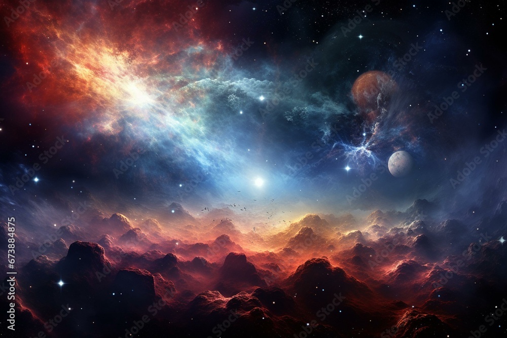 Illustrated depiction of cosmic nebulae in an expansive galaxy ...