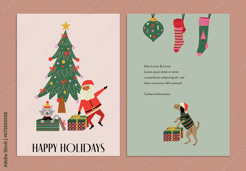 Happy Holidays Greetings Cards with Back Design Stock Template | Adobe ...