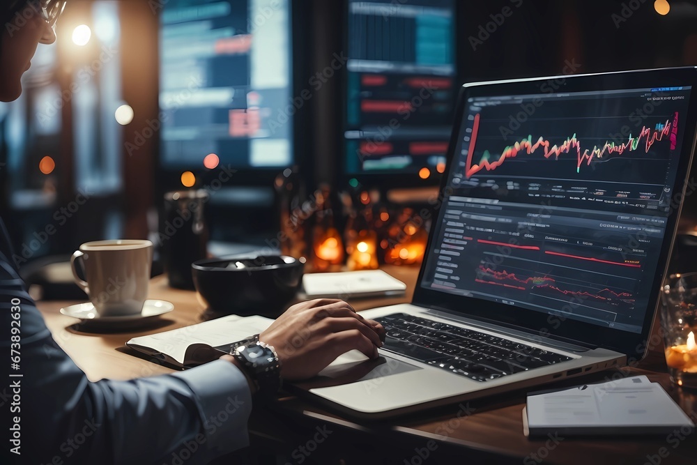 Analyst uses a laptop Showing business analytics dashboard with charts ...