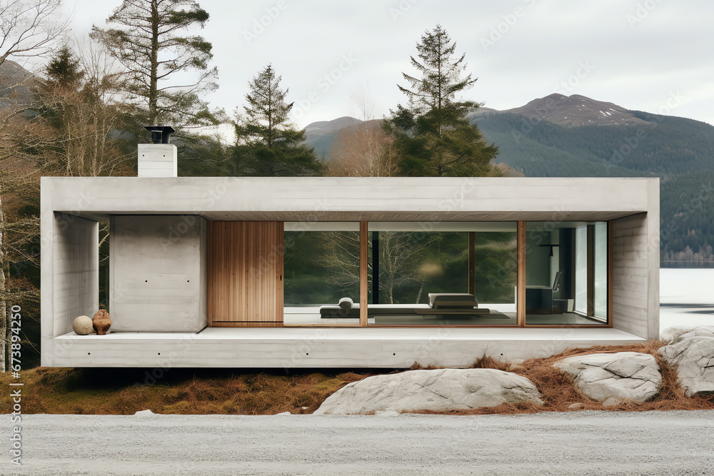 Exterior front view of modern cubic design house in Scandinavian style ...