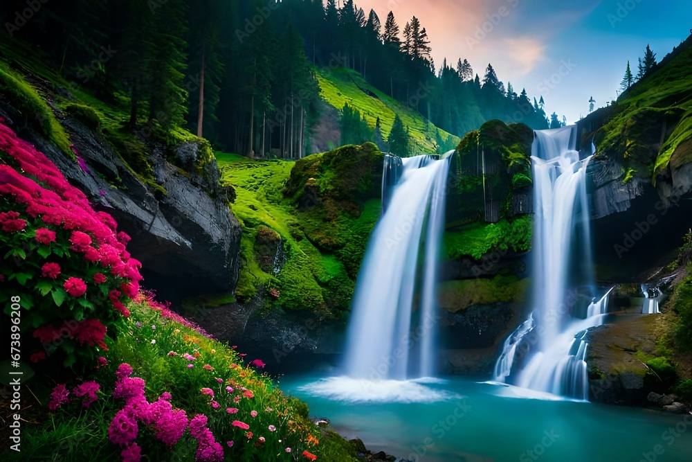 Foto de Forest double waterfall, Twin waterfall scenery, Dual waterfall ...