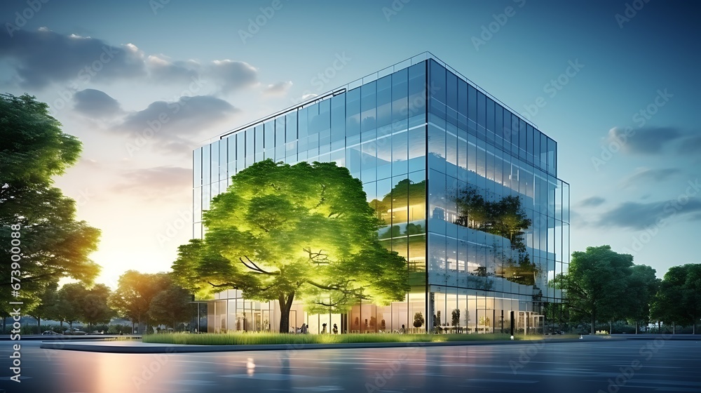 Eco-friendly building in the modern city. Sustainable glass office ...
