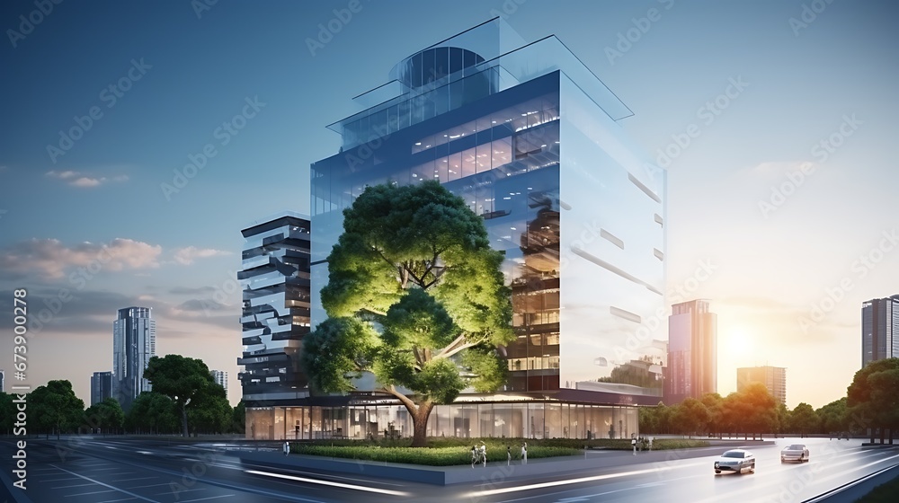 Eco-friendly building in the modern city. Sustainable glass office ...