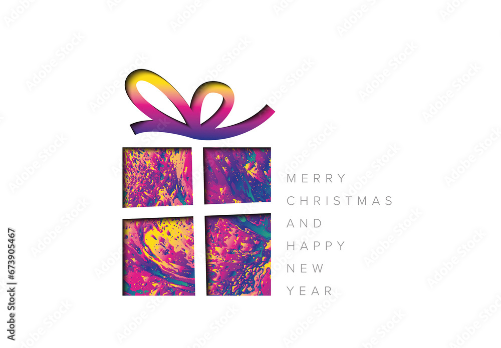 Christmas card with colorful christmas present box card cut from paper ...