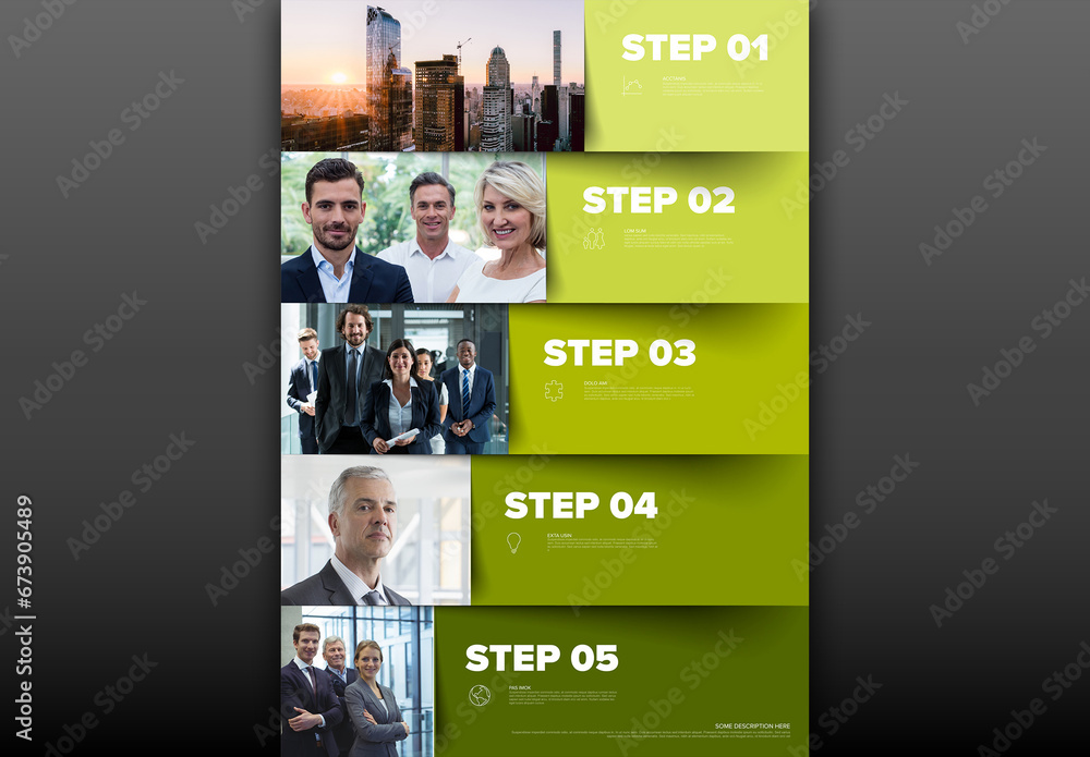 Five green steps elements template on paper color stripe with photos ...