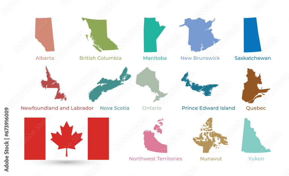 All Provinces and Territories of Canada Colorful Silhouette Vector Map ...