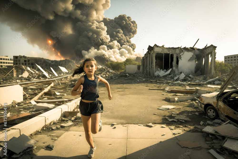 Young girl running through destroyed building large explosion ...