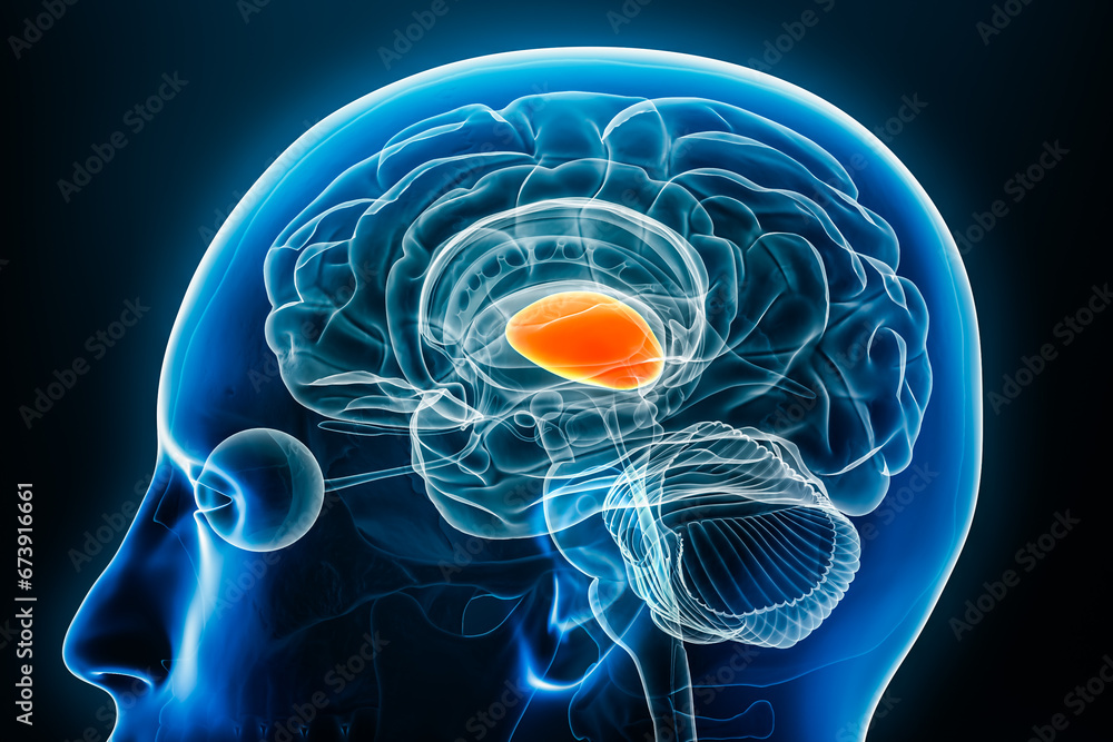 Thalamus x-ray profile close-up view 3D rendering illustration with body contours. Human brain ...