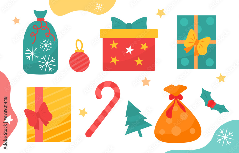 Set of Christmas gifts. Present boxes with candy stick and tree. New ...