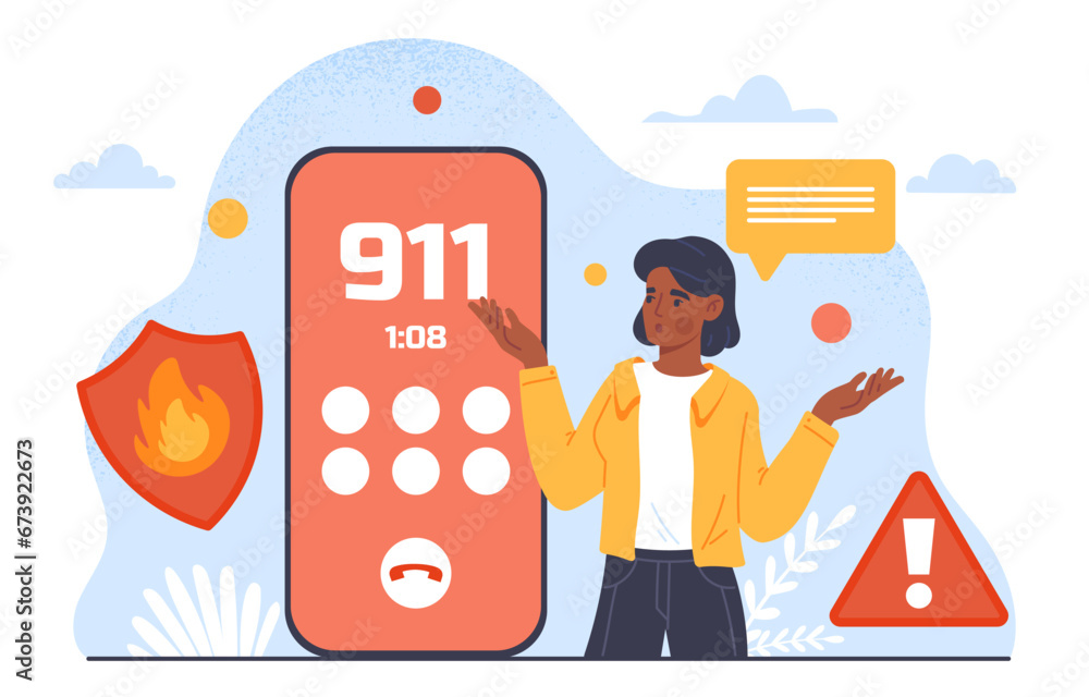 Woman with emergency call. Young girl near smartphone with 911 number ...