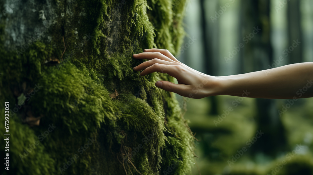 Girl hand touches a tree with moss in the wild forest. Forest ecology ...