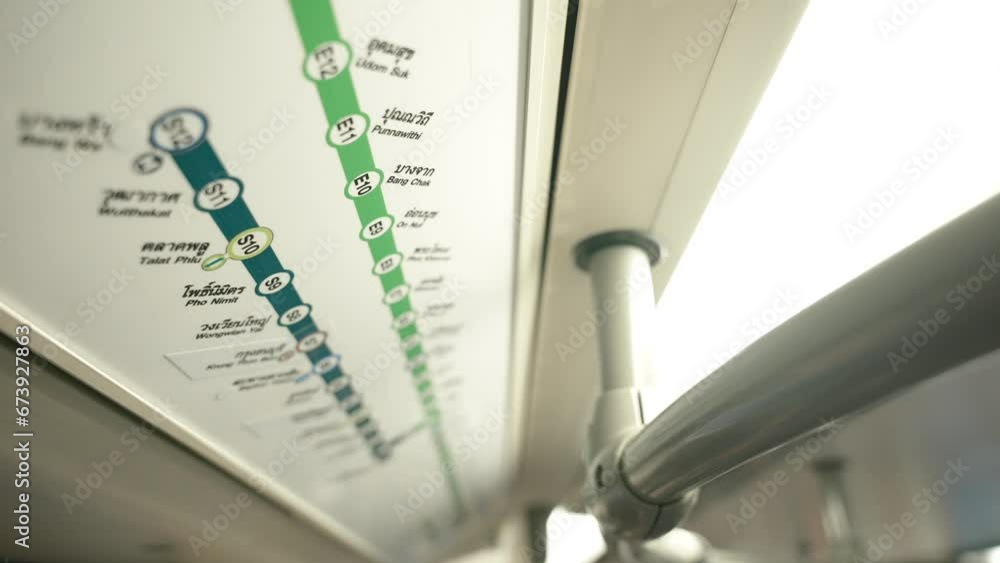 Close up of BTS Skytrain lines route map inside the train. Indication ...