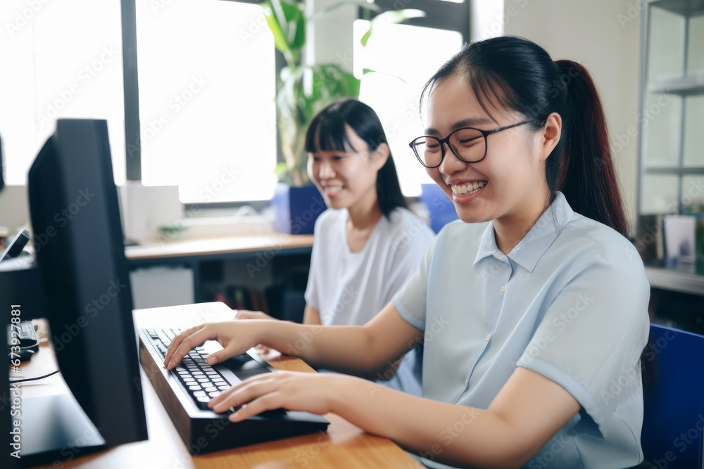 Happy Asian Women Co Workers In Office Workplace Including Person With Blindness Disability