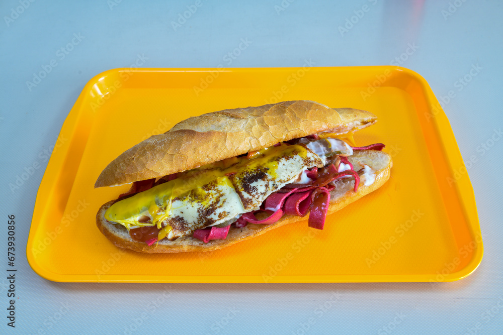 Close-up shot of Izmir's famous Turkish Traditional Kumru Sandwich ...