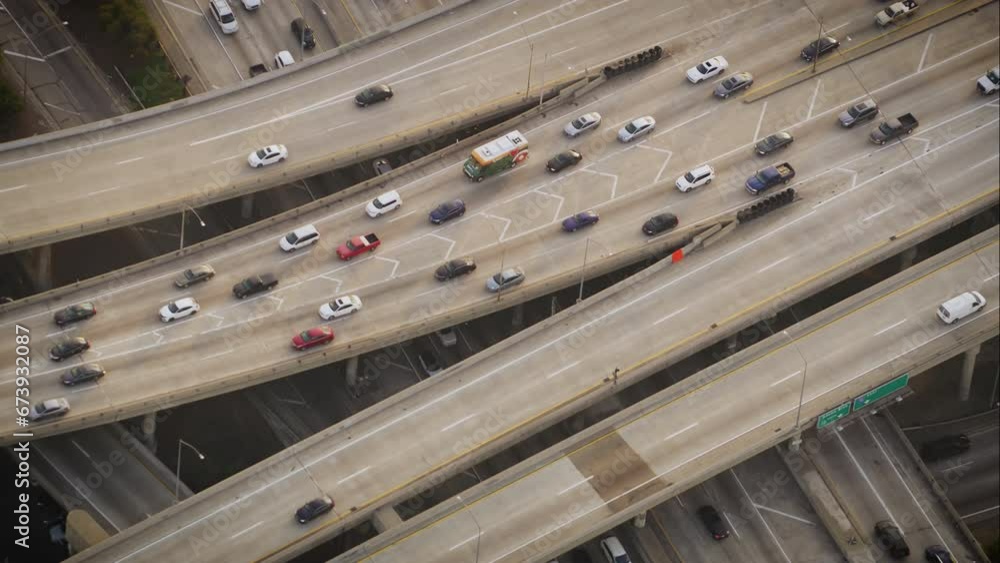 Overhead Dolly out Aerial View of Traffic in Interstate 110 and 10 ...