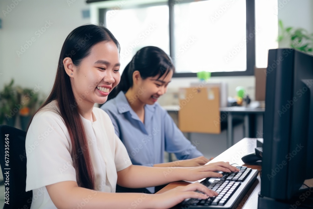 Happy Asian women co-workers in office workplace including person with ...