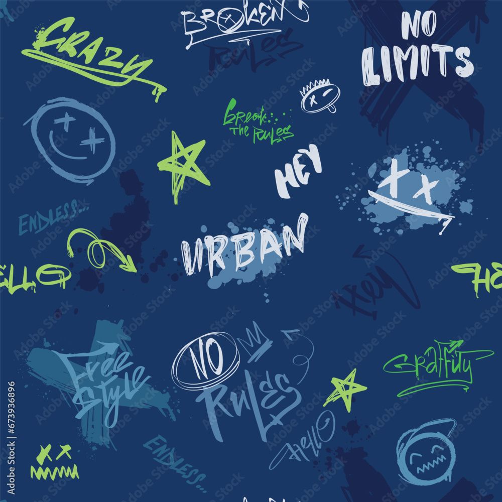 Abstract bright graffiti pattern. With paint drips, words in graffiti ...