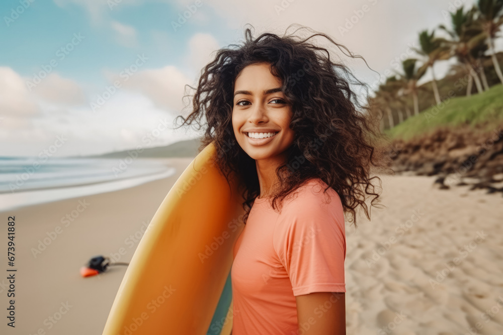 Black female surfer on the beach with surfboard in hand. Beautiful ...