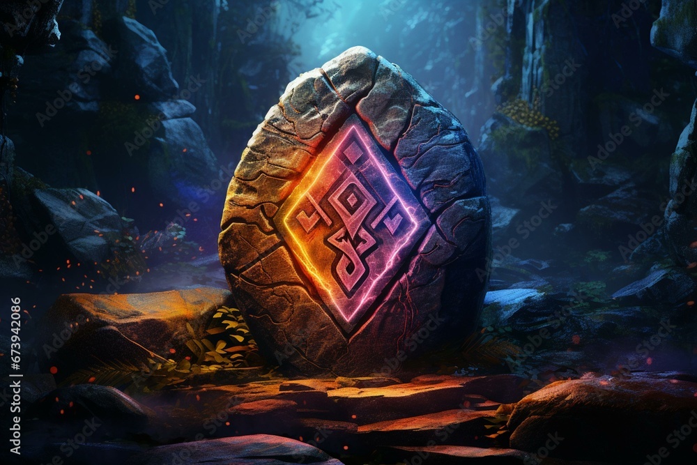 Enchanted stone bearing a mystical Viking rune, depicted in a digital ...