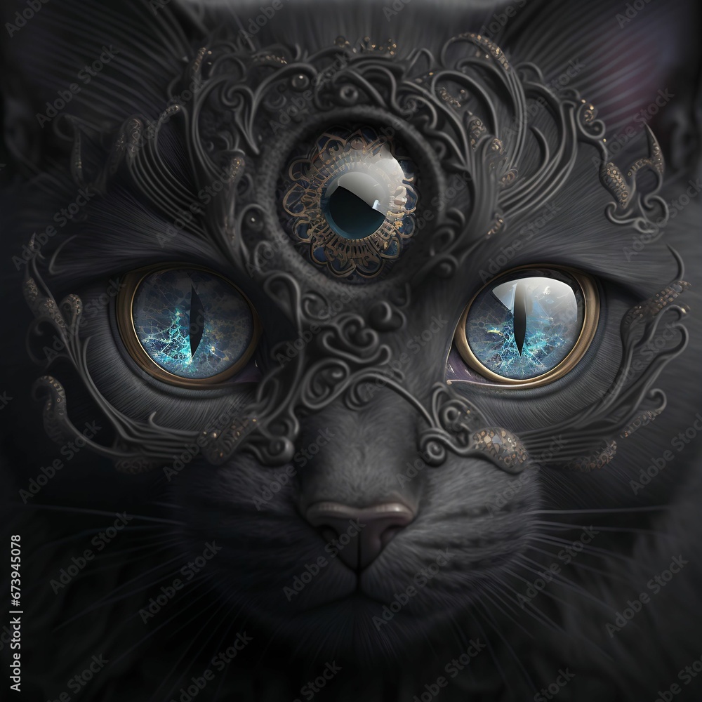 AI generated illustration of an alien black cat with three blue eyes ...