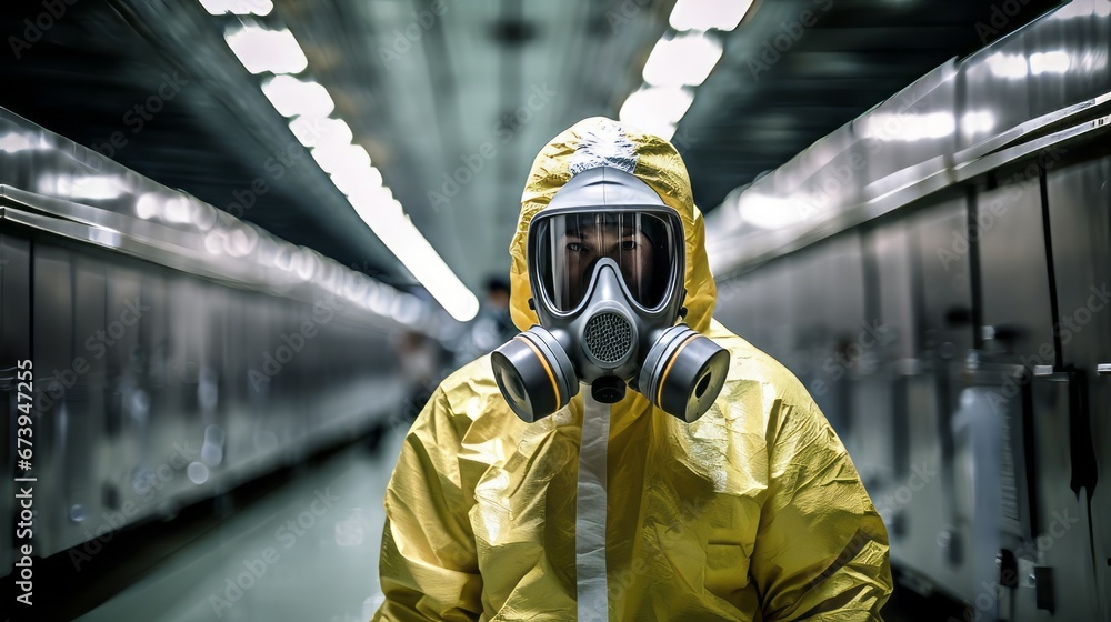 A worker wearing a radiation suit in a nuclear facility Stock Photo ...