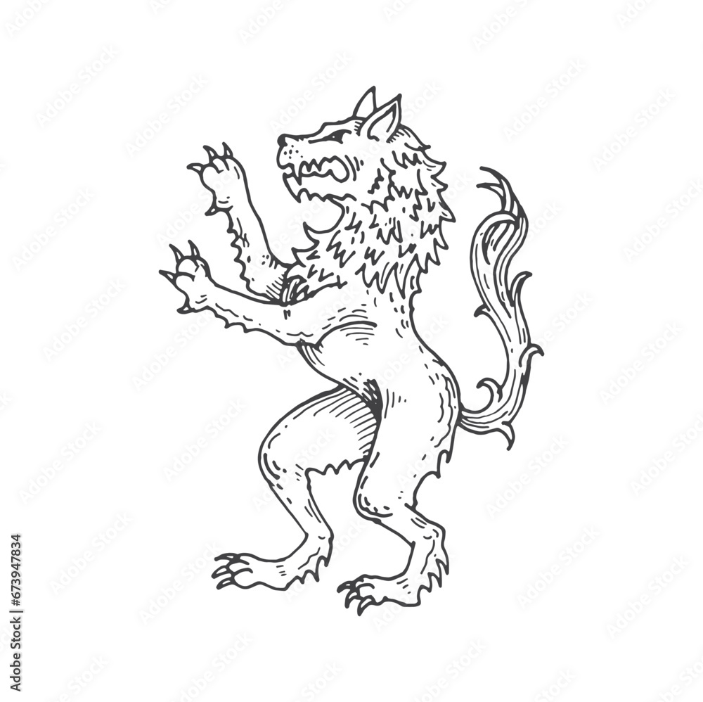 Wolf medieval heraldic animal sketch. Legend animal, mythical beast or ...