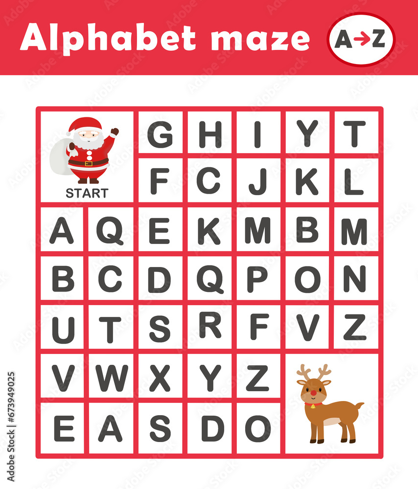 A to Z Maze game for children with cute christmas illustration ...