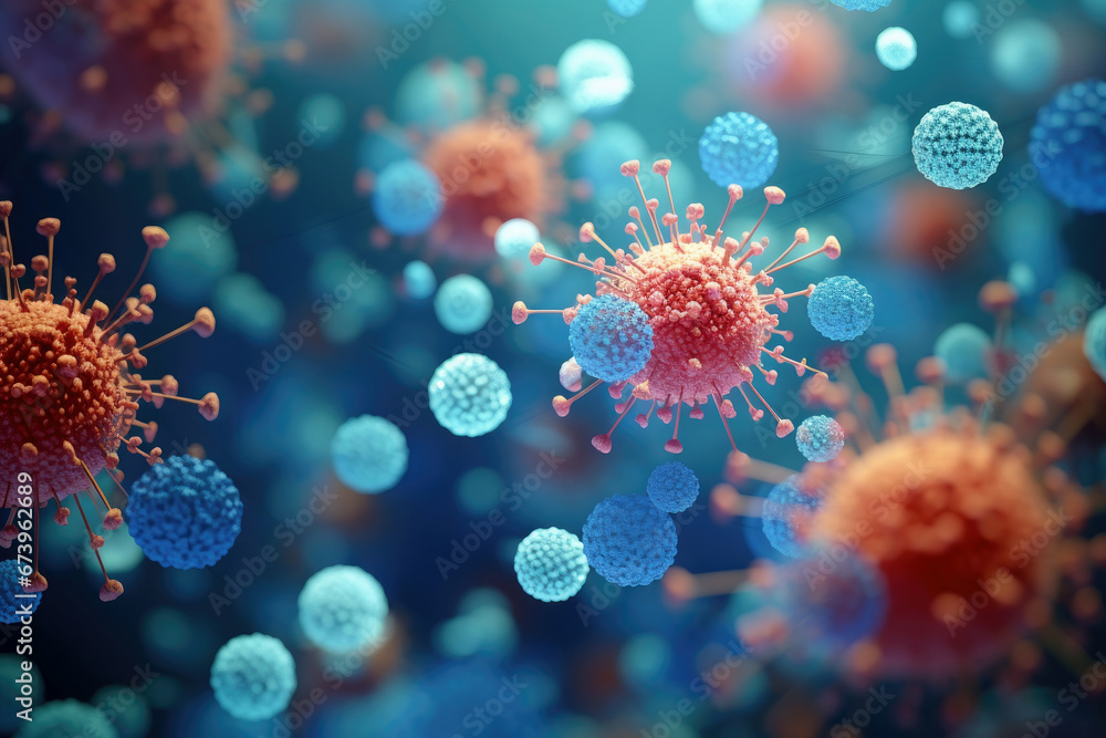 Virus or Bacteria microbial particles background, magnified under ...