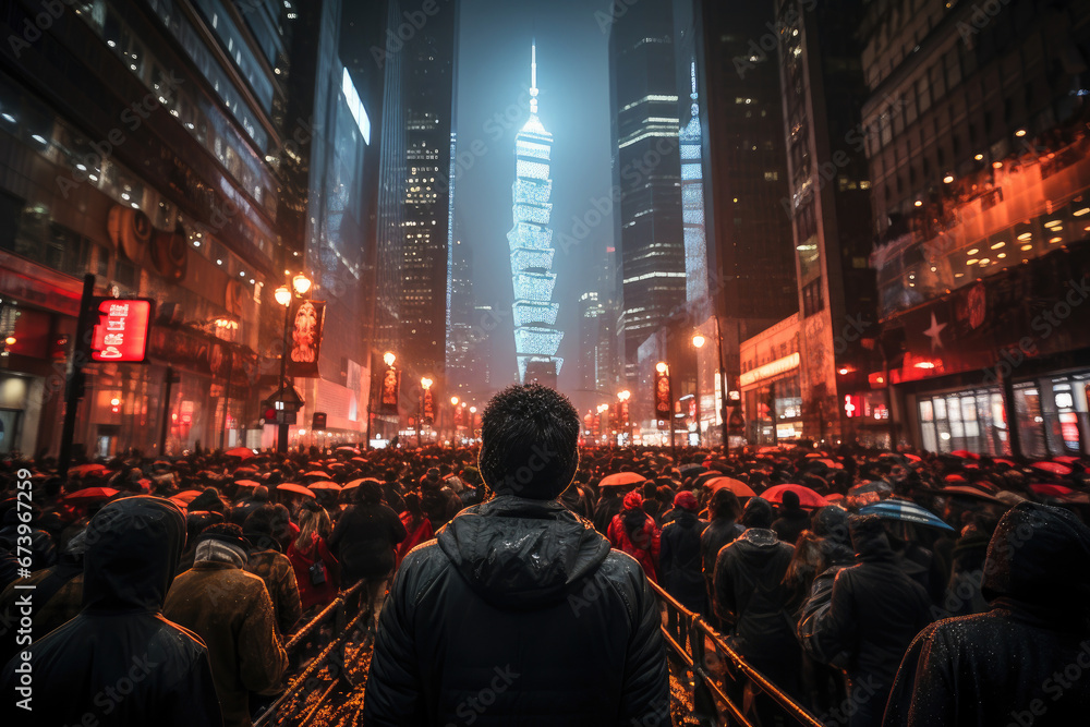 Crowd with umbrellas gathers on a rain-soaked city street at night ...