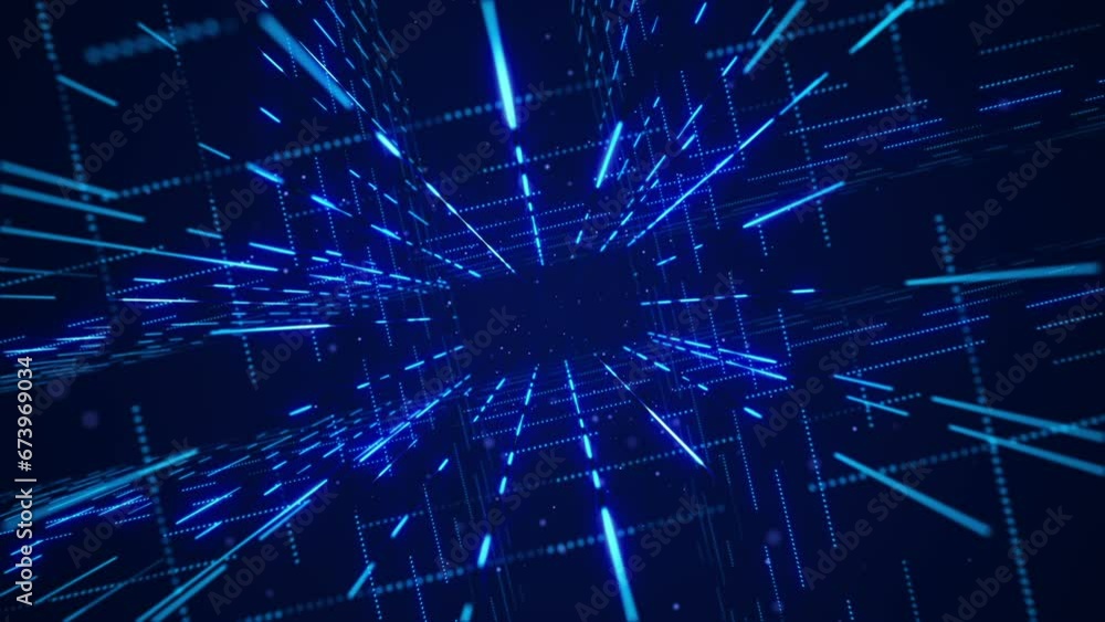 A futuristic blue grid network of blinking digital data lights and ...