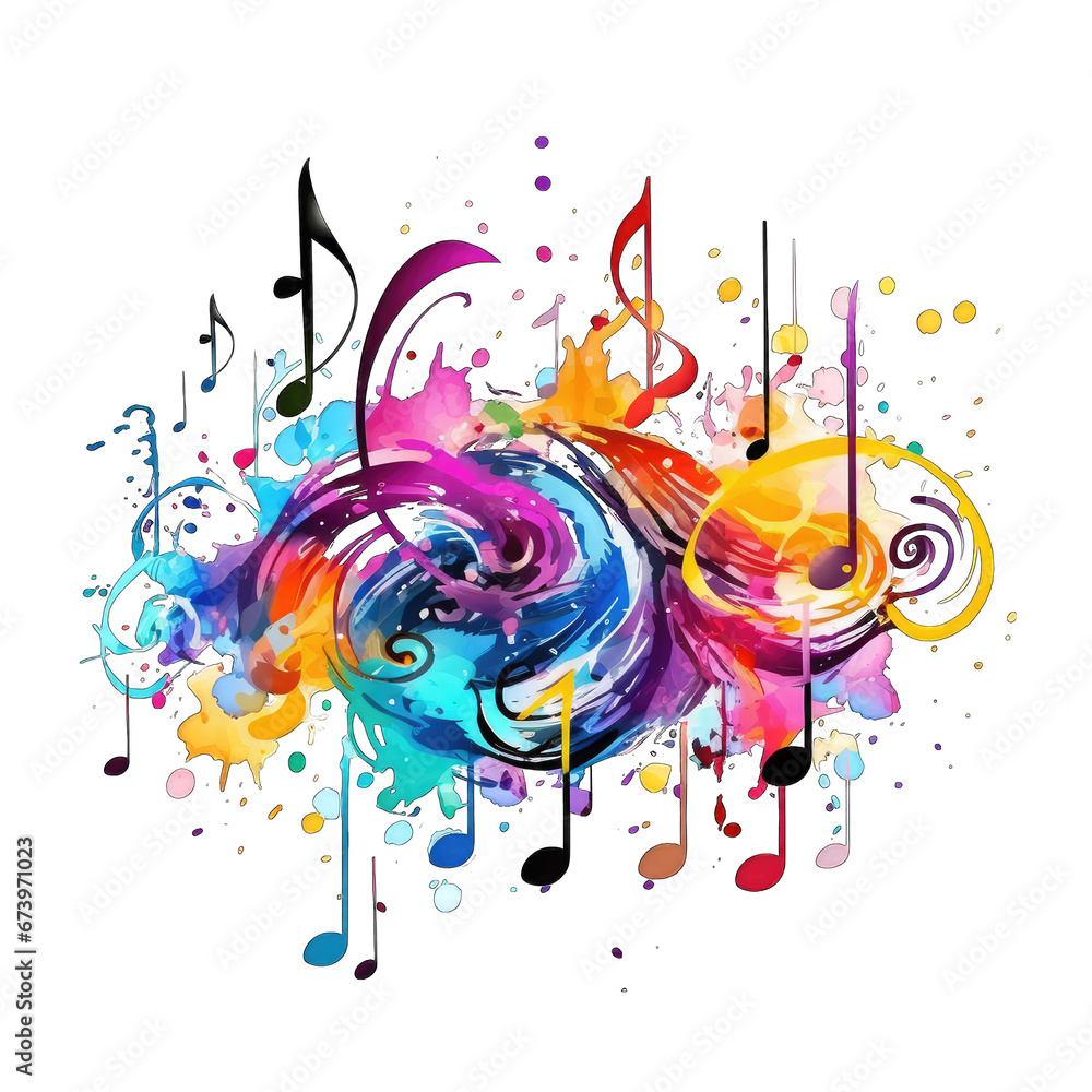 Abstract Music notes, rainbow colors in a watercolor paint splash ...