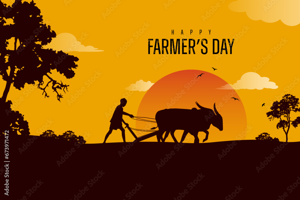 Happy Farmers Day Text with an Indian farmer farming silhouette vector ...