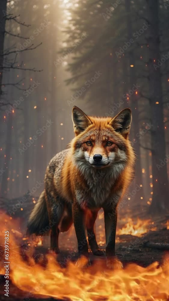 a fox engulfed in flames in the middle of a burning forest. This ...