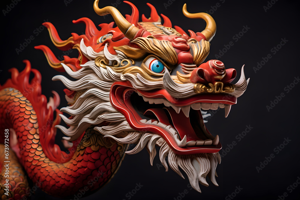 Traditional red and gold chinese dragon sculpture on black background ...