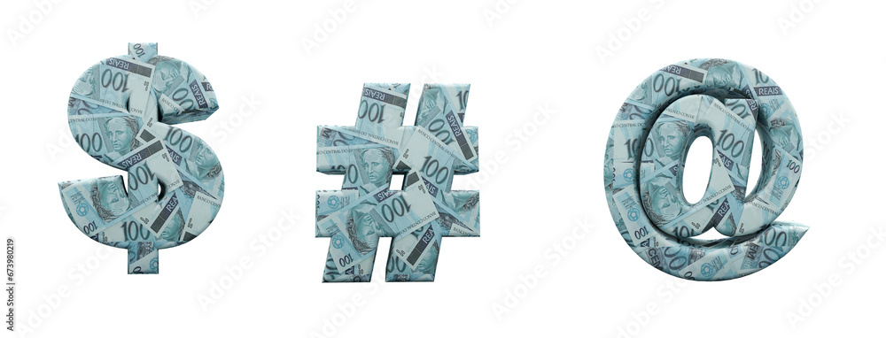 Brazil money alphabet. Characteres arroba, dollar sign, hashtag, formed ...