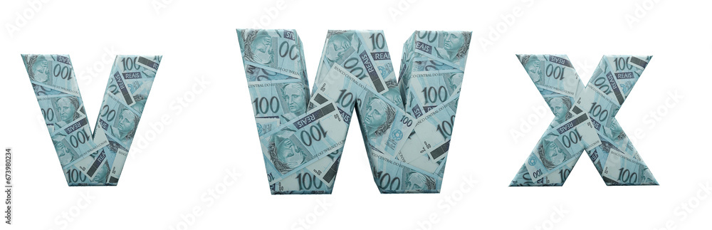 Brazil money alphabet. Letters V, W, X, formed with 100 reais bills ...