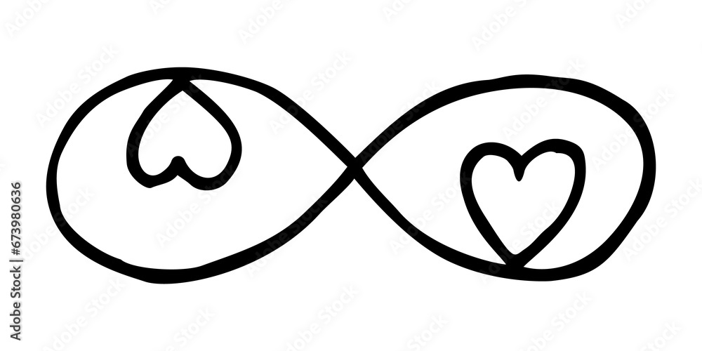 Infinity symbol with heart hand drawn with ink brush. Thin line ...