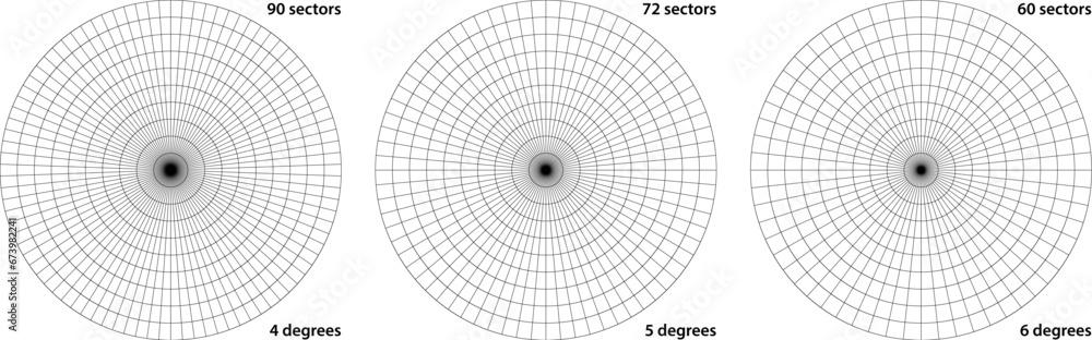 Polar grid divided into 90, 72 or 60 radial degree sectors and concentric circles. Geometry ...