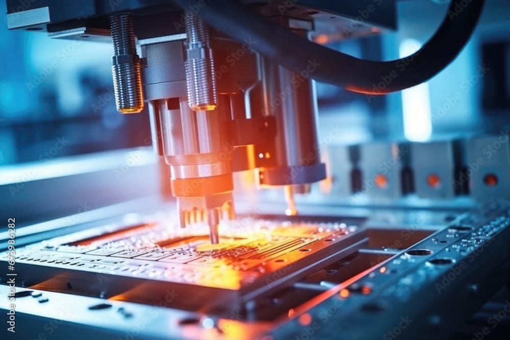 Automated robot arm assembling processor on circuit board. Automatic ...