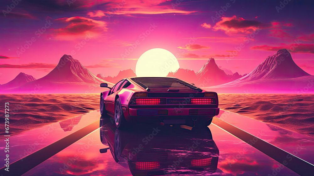 80s retro futuristic drive with vintage car. Stylized sci-fi landscape ...