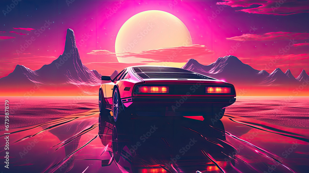 80s retro futuristic drive with vintage car. Stylized sci-fi landscape ...
