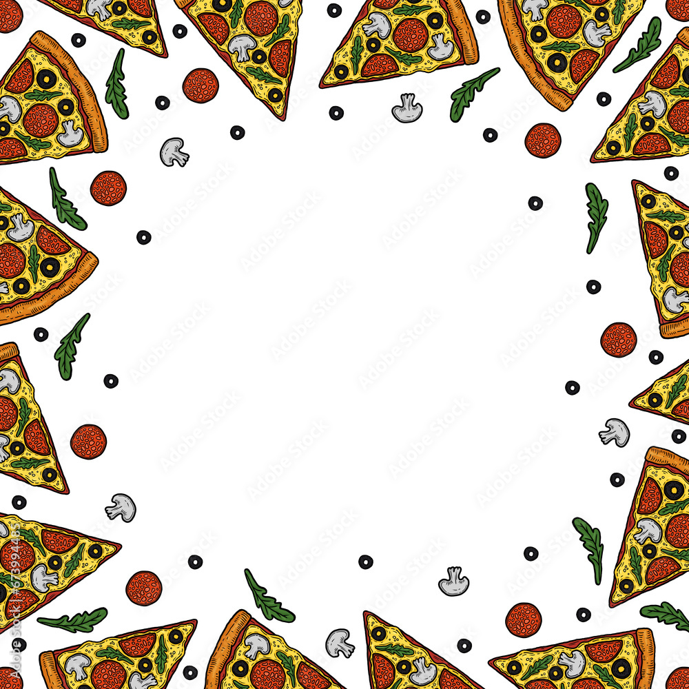 Cartoon pizza slices hand draw illustration square frame transparent ...
