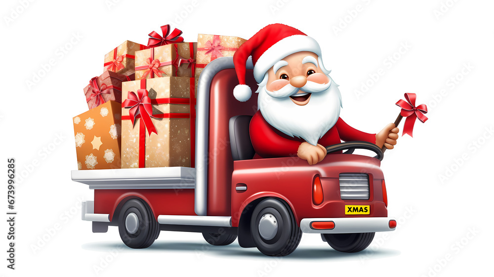 Santa Claus driving a red truck with presents, 3d art, isolated ...
