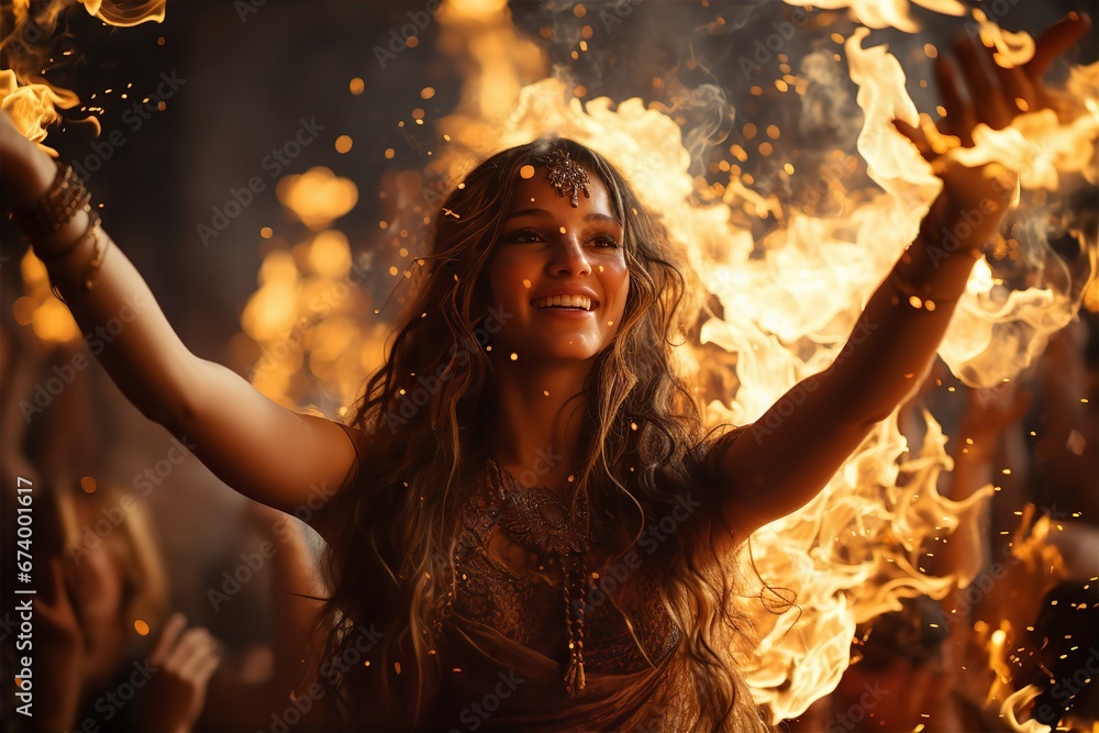 Festival of Fire - a beautiful woman with fire in her hair performs in ...