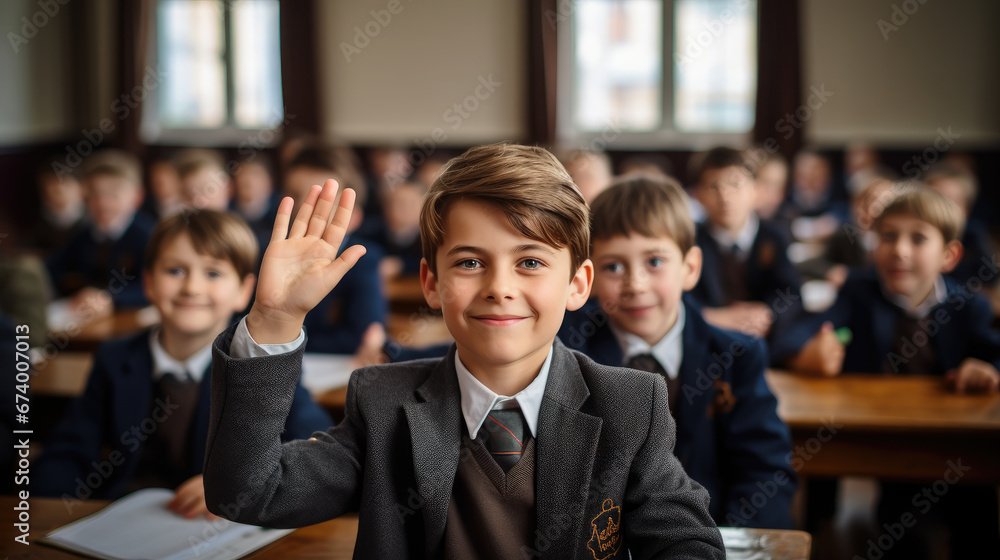 student at a desk in a school class raises his hand, child, smart kid ...