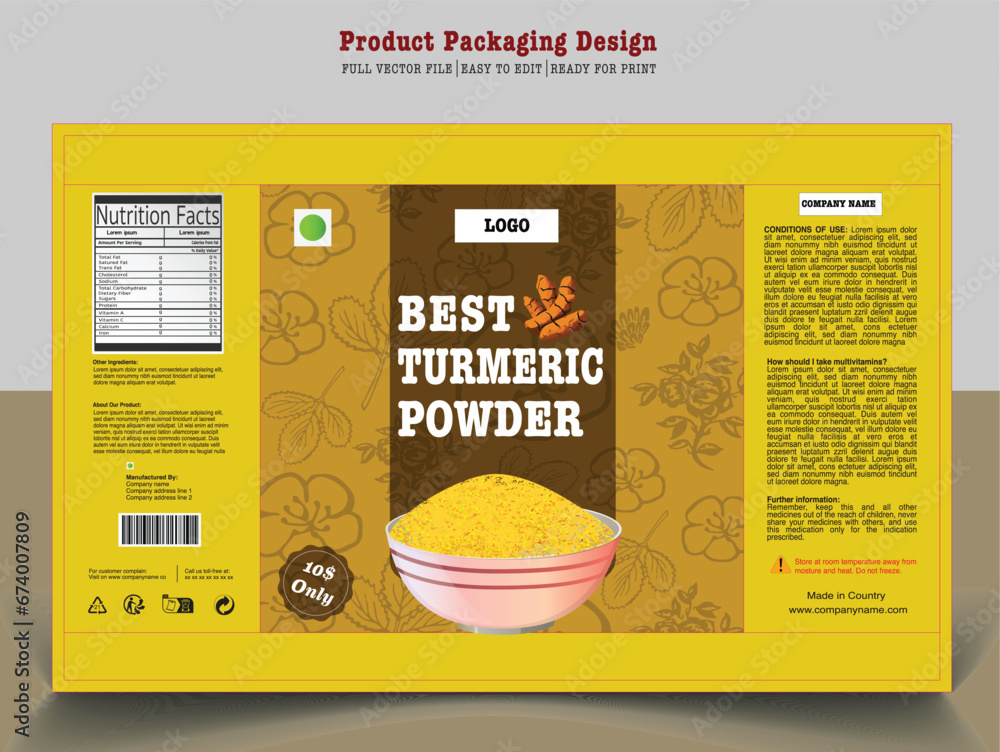 Turmeric powder Packaging, Turmeric label, box & pack, spicy masala ...
