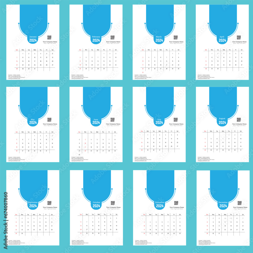 creative 12 page calendar for the year 2024 , Week Starts on Sunday ...