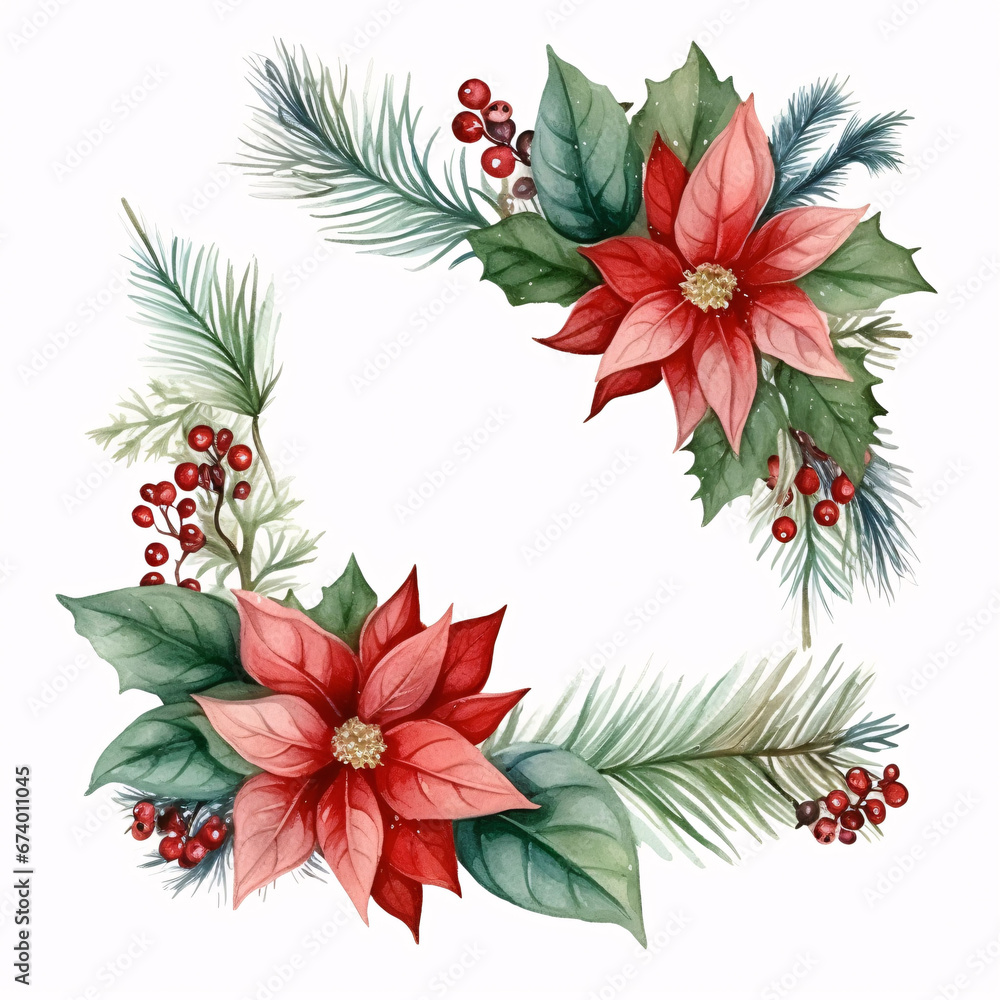 Christmas floral frame. Watercolor winter border for greeting card and ...